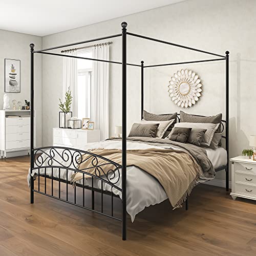 USIIN Queen Size Metal Canopy Bed Frame with Headboard and Footboard Black