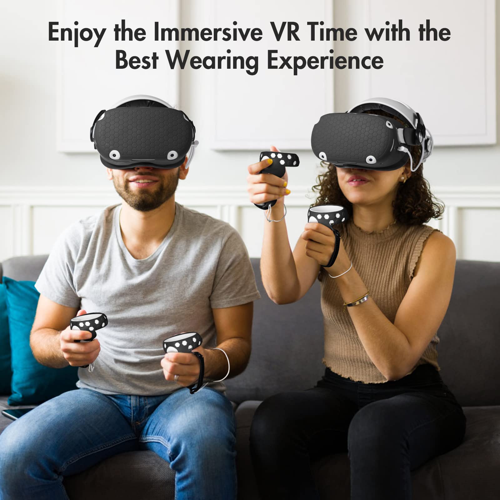 AMLINK VR Silicone Cover Accessories for Oculus Quest 2, VR Shell Cover Protective, Silicone Face Cover, Adjustable Strap Controller Grip Cover and Remote Sensing Rod Cap(Black)