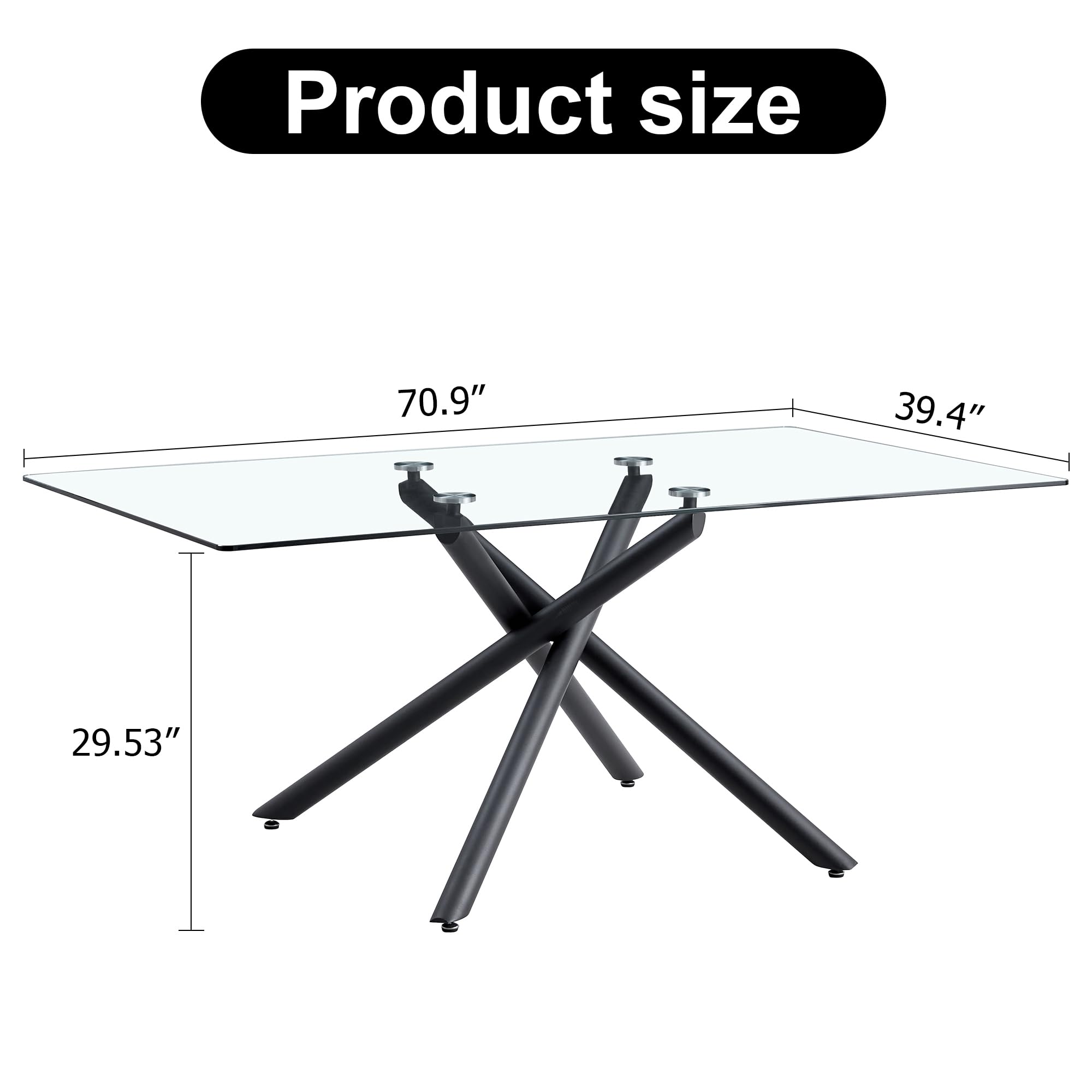 71" Modern Large Tempered Glass Top Dinner Table,Black Chrome Metal Base Rectangular Glass Dining Table for Seating 4-6-8 People,Living Room Glass Table,Kitchen Glass Table,Office Glass Table
