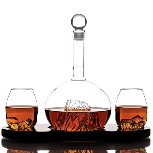 Whiskey Decanter Set with 2 Glasses and Wooden Base - Unusual Mountain Whiskey Decanter Sets for Men and Women - Liquor Decanter Set for Wine, Liquor, Scotch, Vodka, Bourbon - Whiskey Gifts for Men