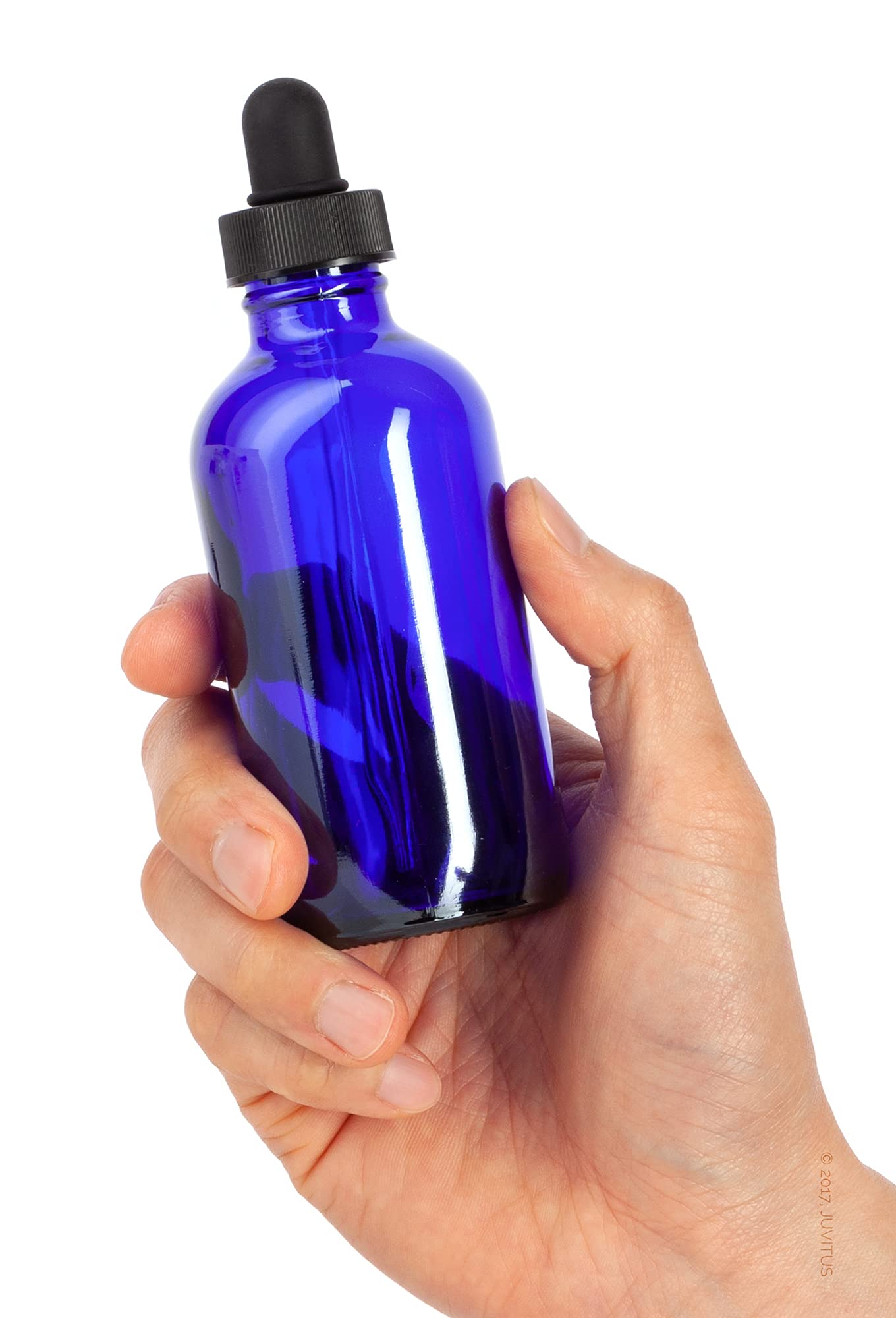 JUVITUS 4 oz / 120 ml Cobalt Blue Glass Boston Round Bottle with Black Dropper (2 Pack) + Clear Travel Bag