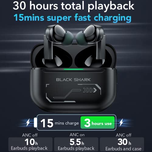 Black Shark JoyBuds Pro Wireless Earbuds, 40dB ANC Bluetooth 5.2 Gaming Earphones, with 30h Battery Life, 40ms Ultra-Low Latency, Six Mics, 12mm Drivers, IPX4, Ear Buds for Android and iOS (Black)