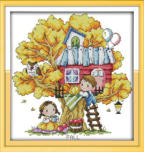 CaptainCrafts Cross Stitch Kits Full Range Stamped and Counted Fabric DIY Art Needlecrafts Embroidery Kit for Adults Beginner (Unpreprint 14CT, Tree House Autumn)