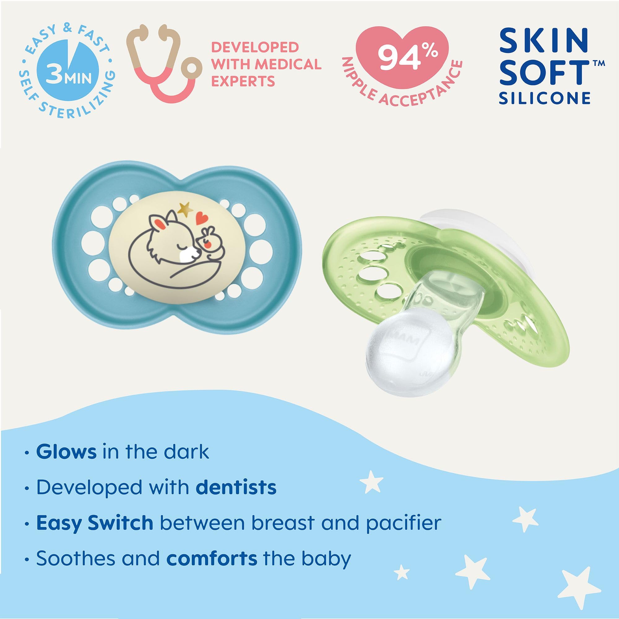 MAM Original Day & Night Baby Pacifier, Nipple Shape Helps Promote Healthy Oral Development, Glows in The Dark, 3 Pack, 6-16 Months, Boy,3 Count (Pack of 1)
