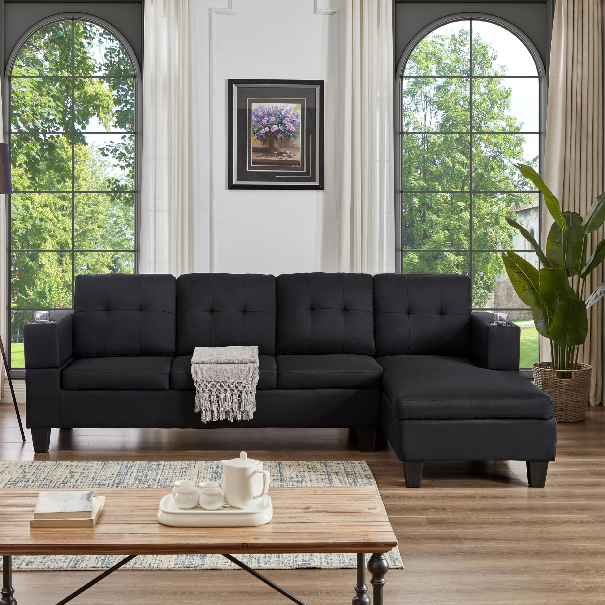 DS-HOMEPORT Black Sectional Sofa Couch Living Room, 4 Seater Convertible L Shaped Couch with Right Chaise, Sectional Sofa with Large Storage, 96.46" D x 59" W x 29.13" H(Right)