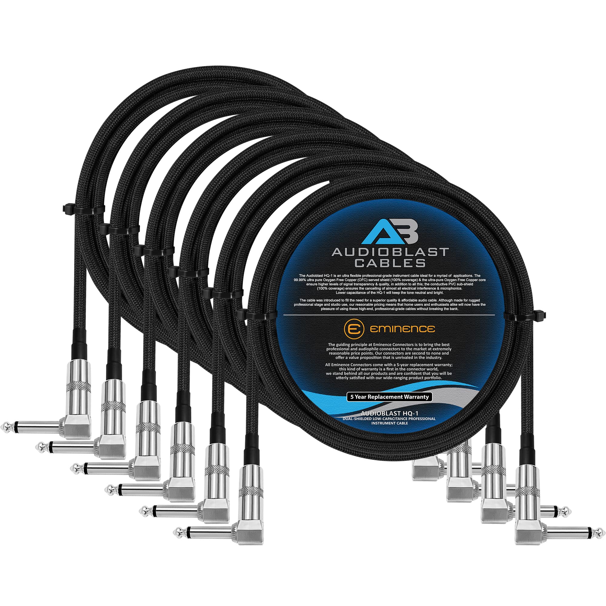 Audioblast - 6 Units - 2 Foot - HQ-1 - Ultra Flexible - Dual Shielded (100%) - Guitar Instrument Effects Pedal Patch Cable w/Eminence Right-Angled Œ inch (6.35mm) TS Plugs & Double Staggered Boots