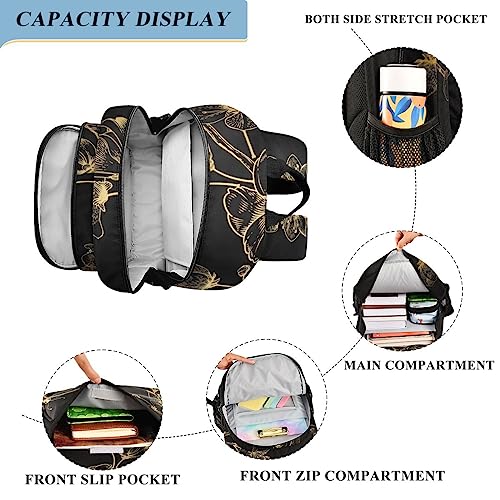Backpack Daypack Shoulder Bag Vintage Floral Flowers Branch Butterfly Gold Black Rucksack Laptop Compartment