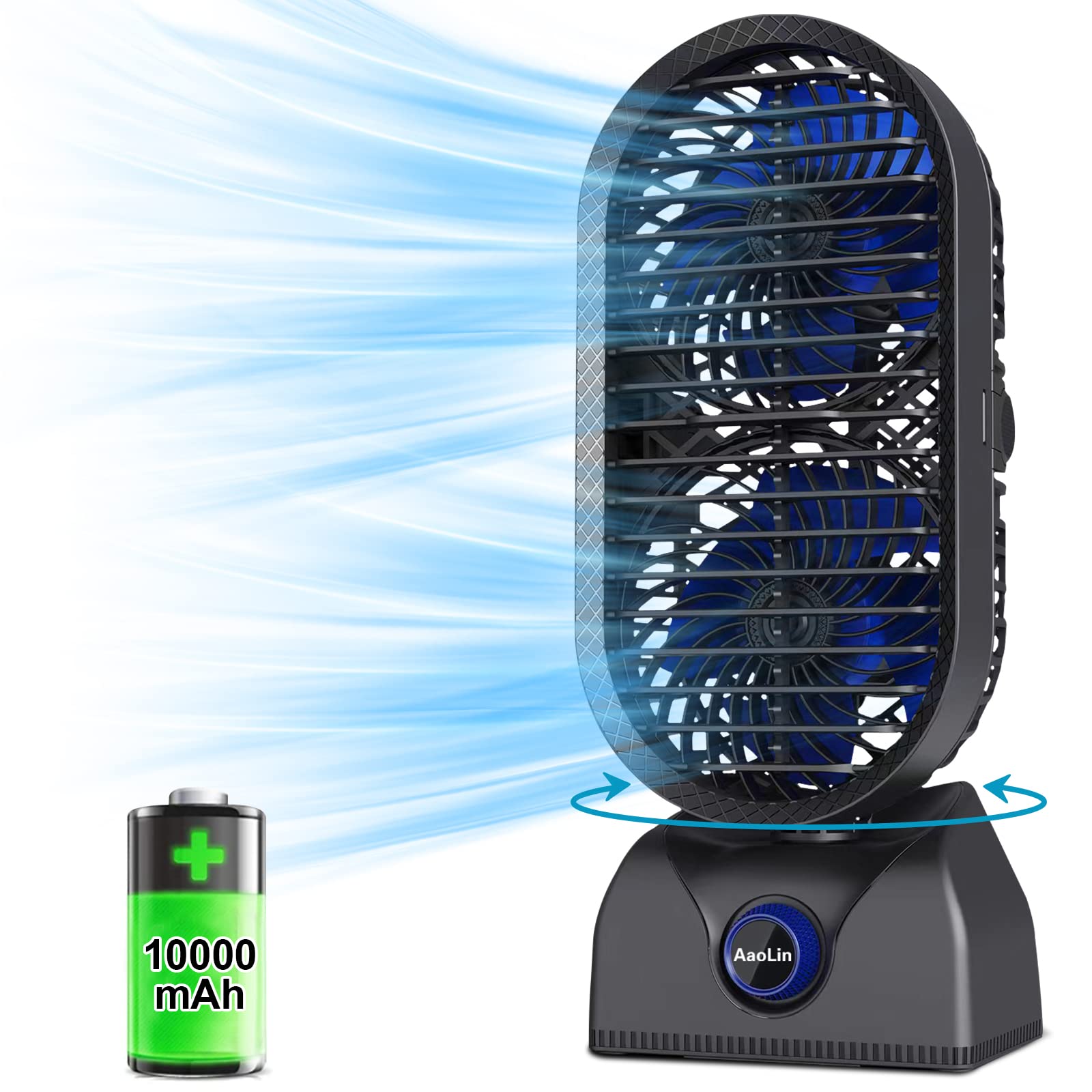 AaoLin Desk Tower Fan, 10000mAh Rechargeable Oscillating, Max Last 30Hrs, 11'' Portable Table Fan, 120° Oscillation for Powerful Circulation, Stepless Speed, Quiet for Home Bedroom Office Outdoor