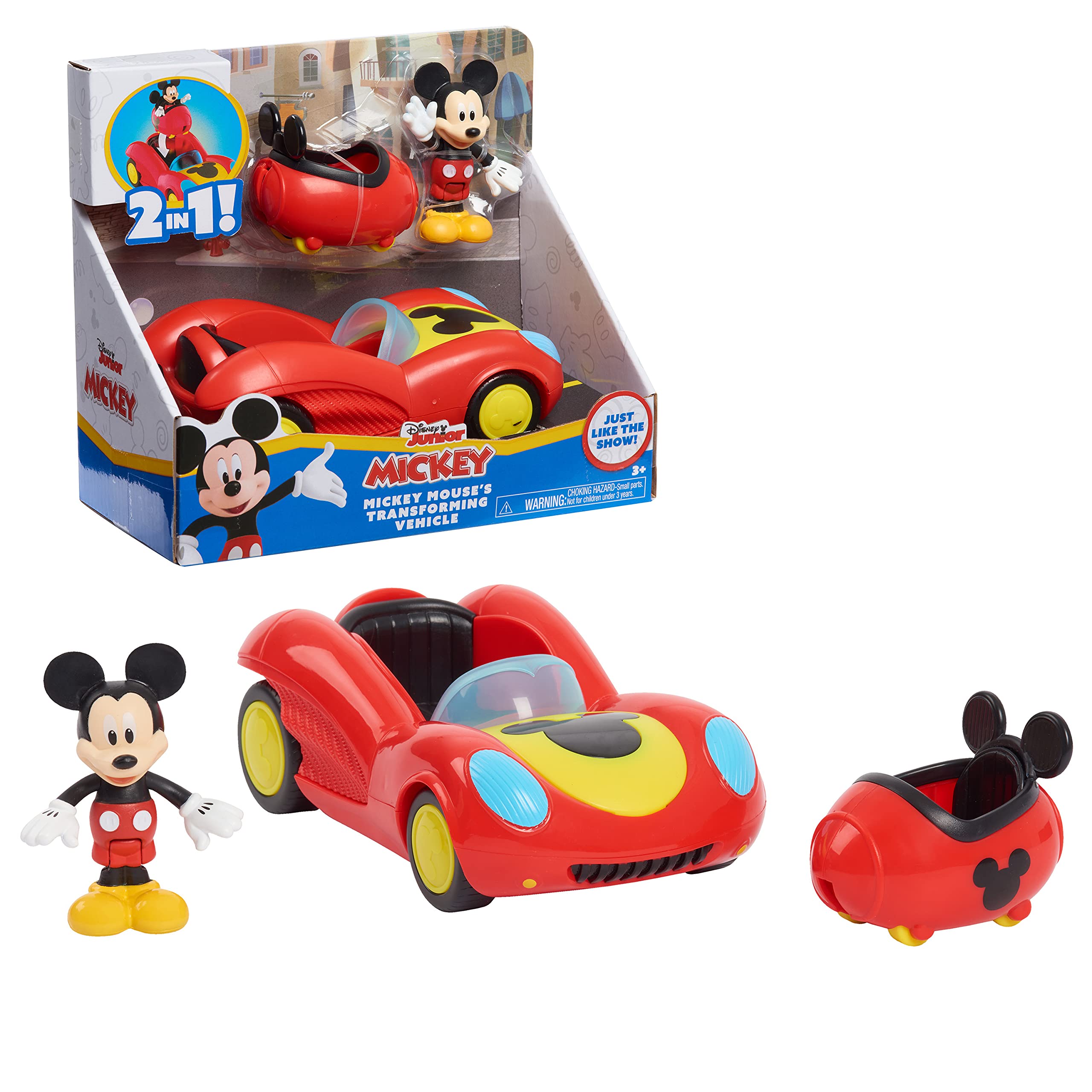 Disney Junior Mickey Mouse Funhouse Transforming Vehicle, Mickey Mouse, Red Toy Car, Preschool, Officially Licensed Kids Toys for Ages 3 Up by Just Play