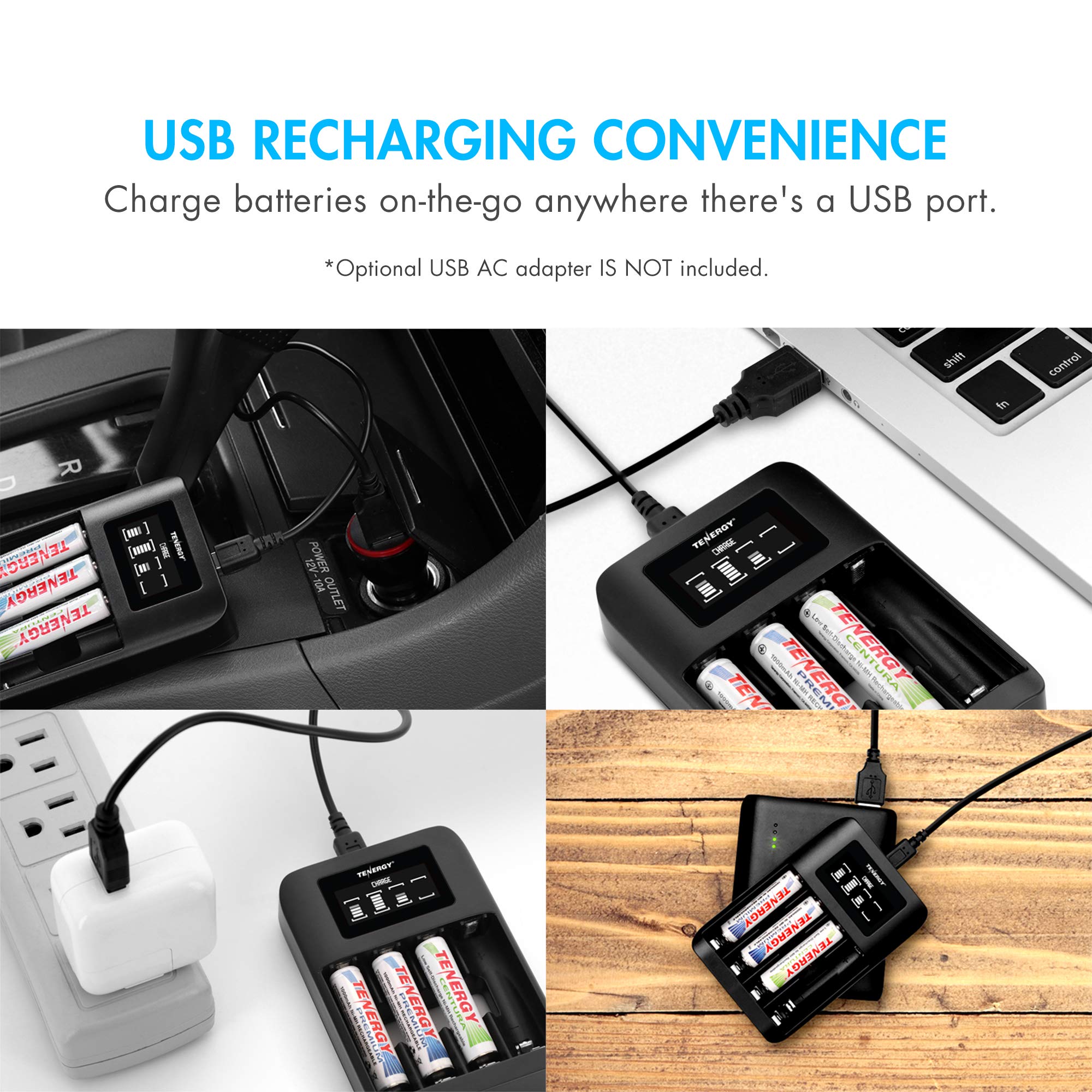 Tenergy TN474U 4-Bay NiMH/NiCD Battery Charger with LCD Display and USB Input, Portable Charger for AA/AAA NiMH and NiCD Batteries