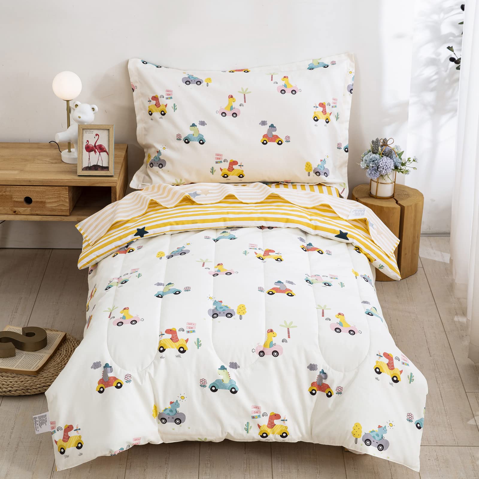 4pcs Cotton Comforter Set for Kids, Dinosaur Car Toddler Bedding Comforter for Boys Girls, Soft Reversible Bedding Set for All Season (1 Comforter,1 Flat Sheet, 1 Fitted Sheet and 1 Pillowcase )