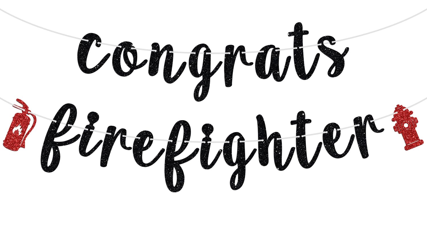 Congrats Firefighter Banner, Class of 2024/Congrats Grad, Fire Department Graduation Party Decoration Supplies for Fireman, Black Glitter