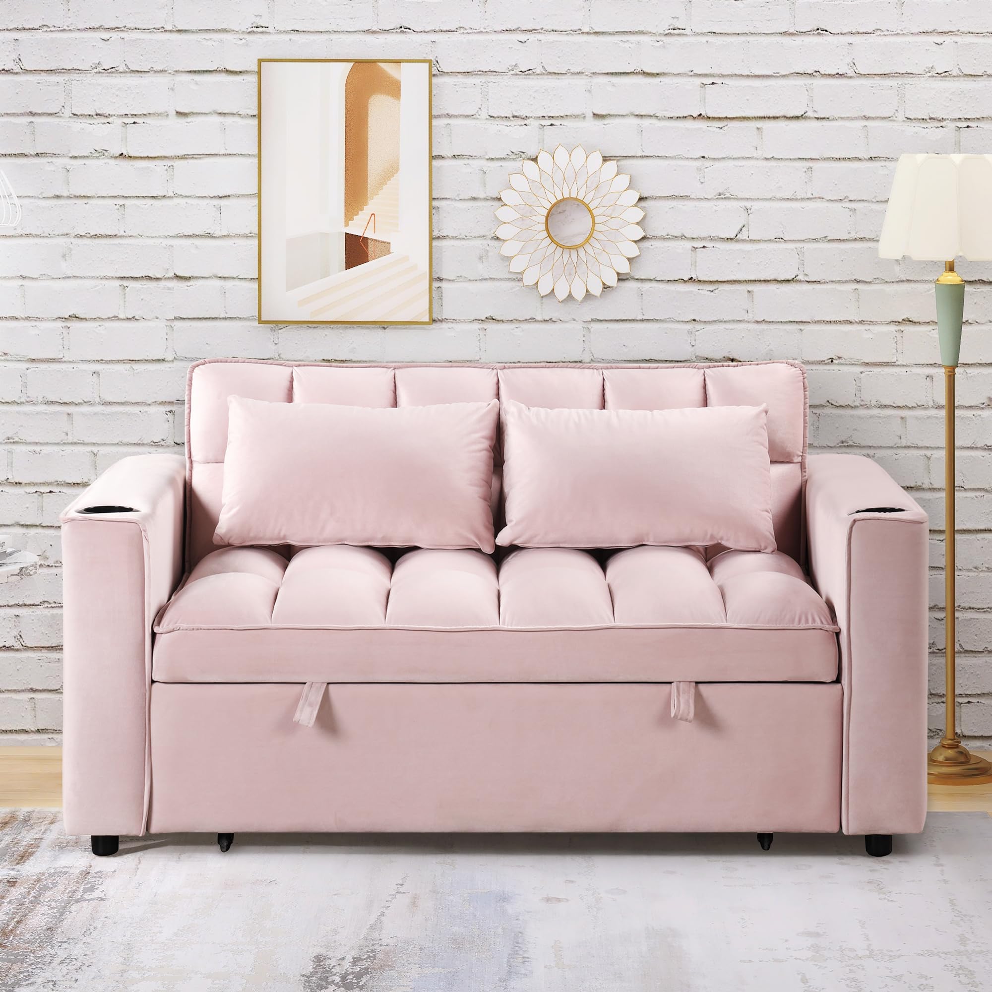 4-in-1 Multi-Functional Convertible Sofa Bed w/Cup Holder and USB Port,Velvet Upholstery Sleeper Couch Pull-Out Sofabed, 55.3'' Loveseat Chaise Lounge with Pillows for Living Room,Small Place