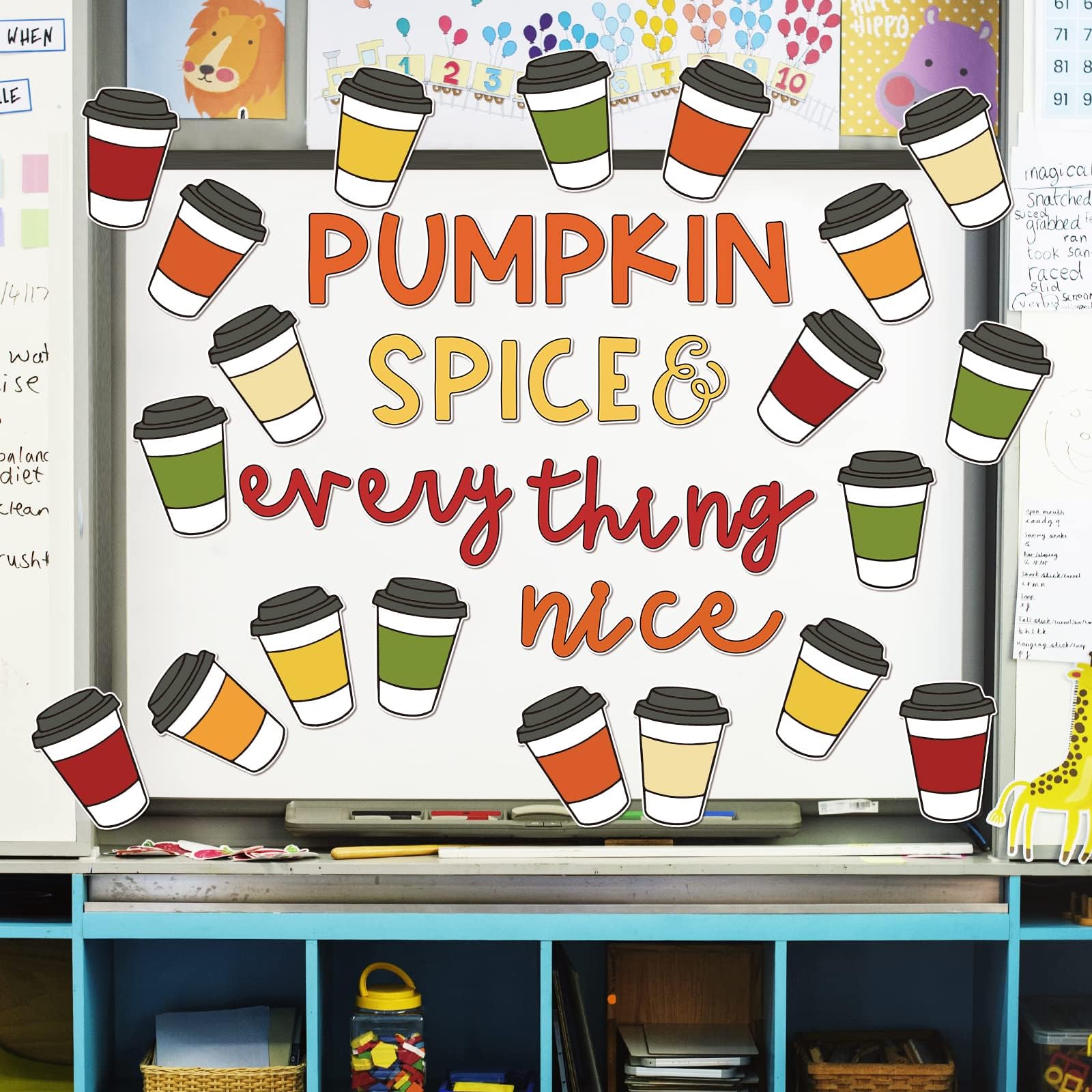 AnyDesign 50Pcs Fall Letter Coffee Cup Cutouts with 100Pcs Glue Points Pumpkin Spice & Everything Nice Cardboard Cut-Outs Muticolor Coffee Cup Paper Cutting for Office Home Autumn Theme Party Decor