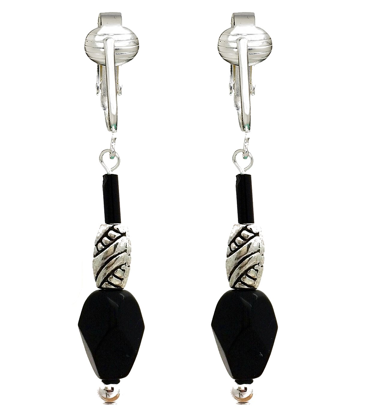 Aloha Earrings Black Art Deco Dangling Clip-On Earrings (Black Stylish Art Deco)