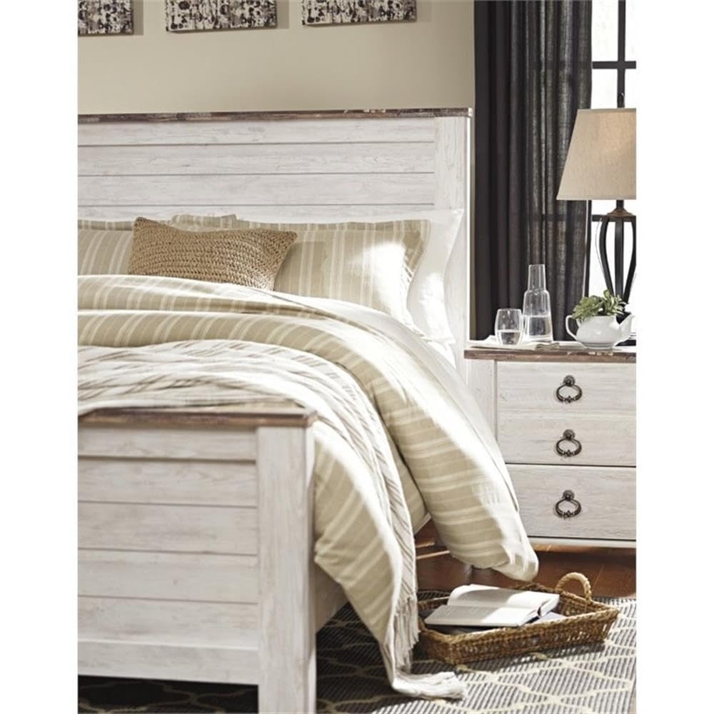 Ashley Furniture Willowton 65" W x 87" D Farmhouse Wood Queen Sized Panel Bed in Whitewash Finish