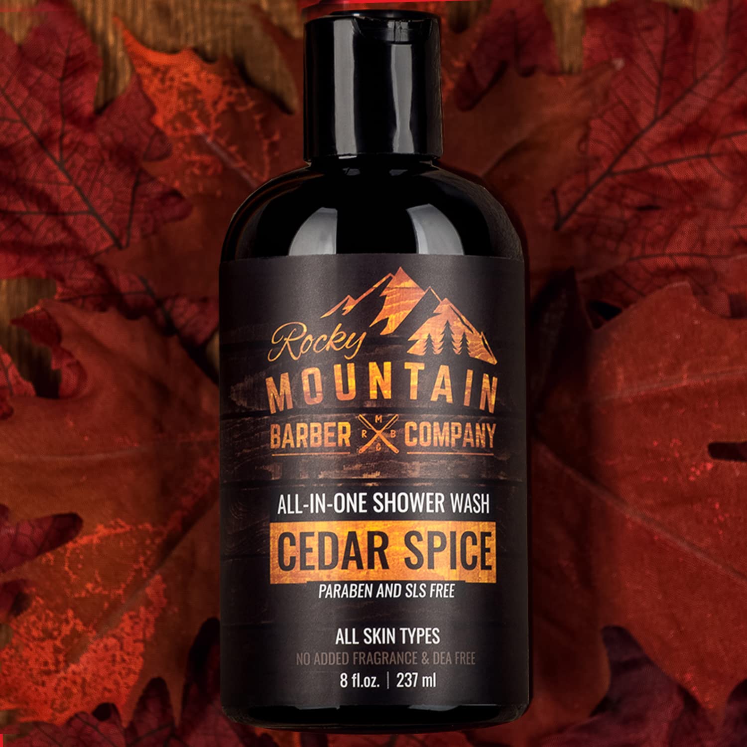 Rocky Mountain Barber Company Cedar Spice All-In-One Body Wash β Shampoo, Body Wash, Conditioner, Face Wash & Beard Wash with Essential Oils - 8 oz