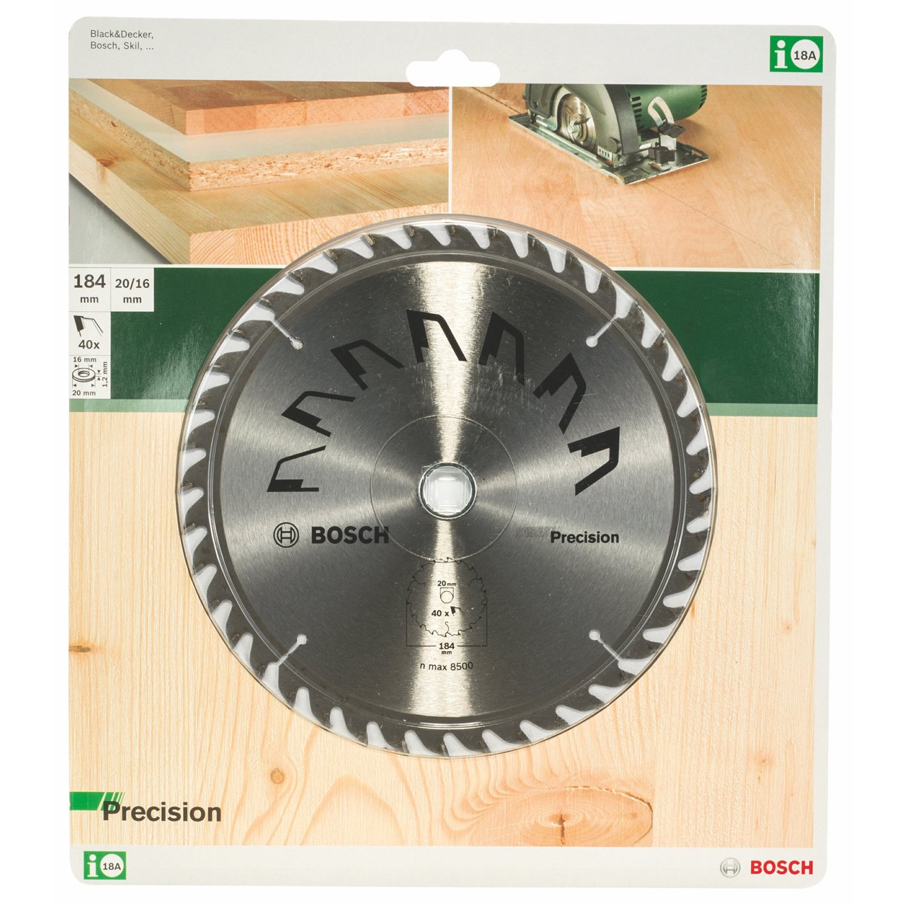Bosch 2609256864 Precision Circular Saw Blade with 40 Teeth/Carbide / 184 mm Diameter Bore with 16 mm Reduction Ring / 2.5 mm Cutting Width