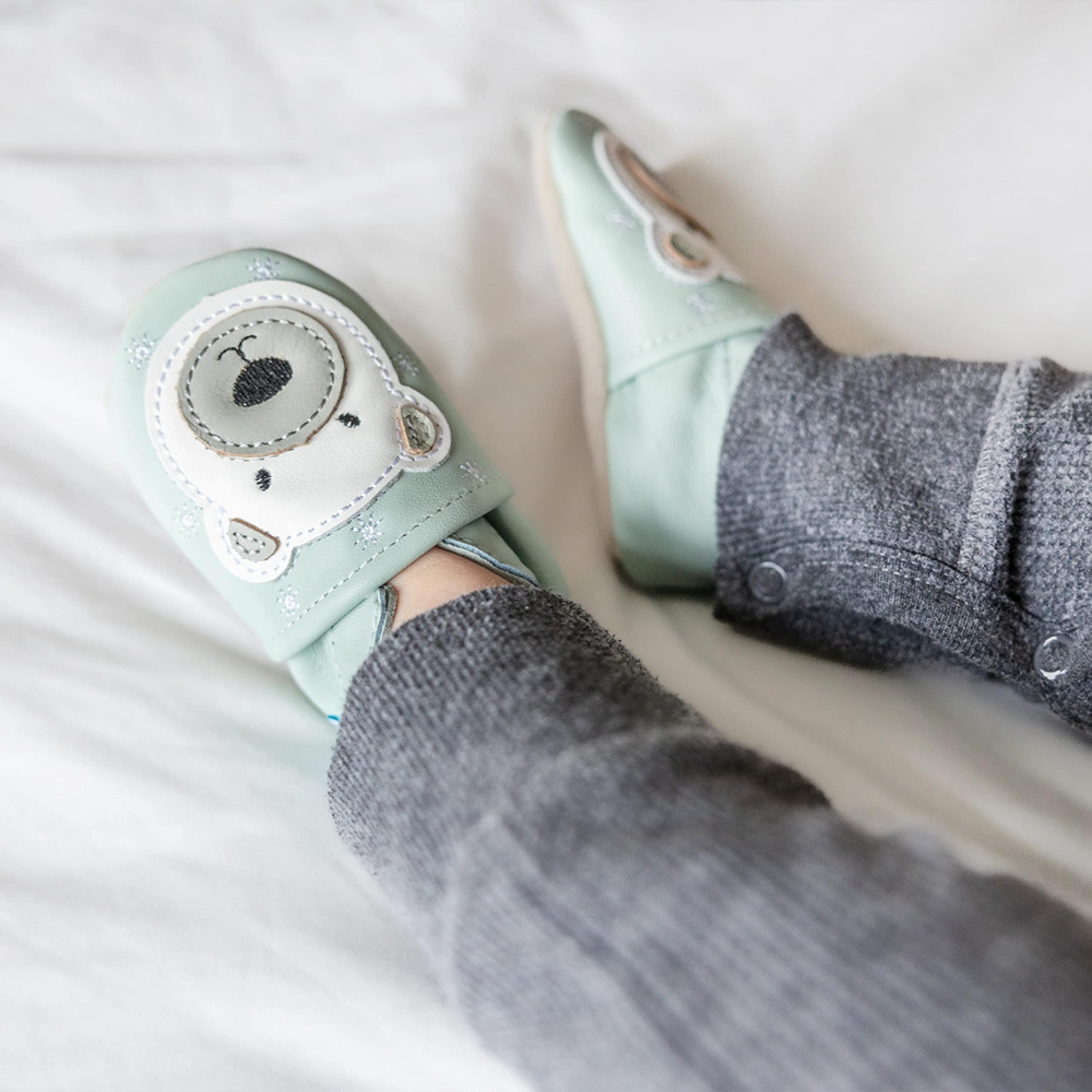 Dotty Fish Soft Leather Infant Shoes Unisex pre-Walkers. Polar Bear on Ice Blue Shoe. 6-12 Months
