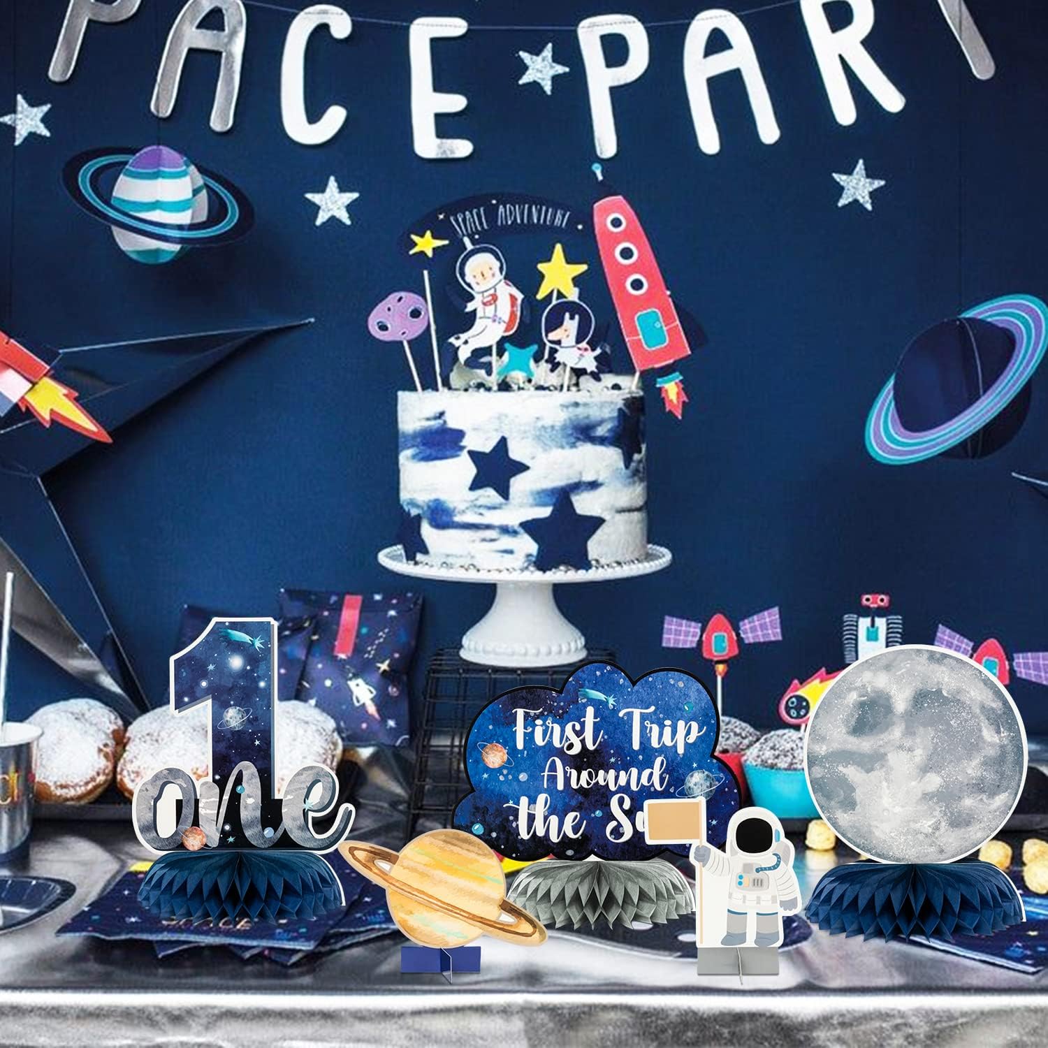 ANGOLIO 12Pcs First Trip Around The Sun One Letter Sign Party Honeycomb Table Centerpiece Outer Space 1st Birthday Party Decorations Planets Solar System Theme Party for Boys Baby Shower Photo Props