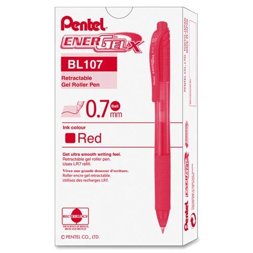 ENERGEL Pentel -X Retractable Liquid Gel Pen (0.7mm) Metal Tip, Red Ink, Box of 12 (BL107-B)