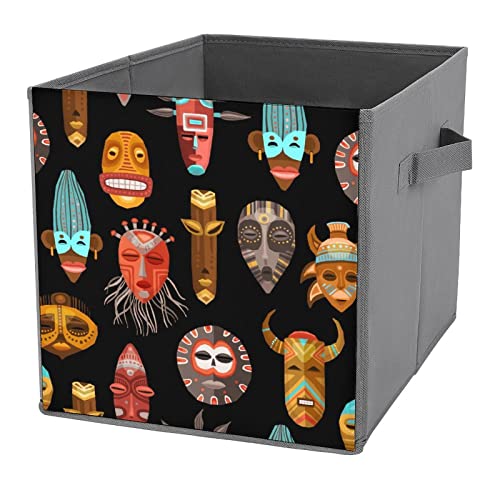 African Face Mask Foldable Storage Bins Printd Fabric Cube Baskets Boxes with Handles for Clothes Toys, 11x11x11
