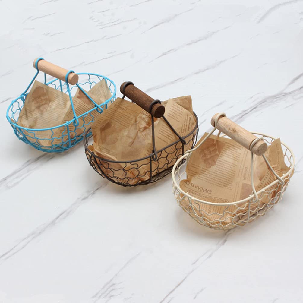 Angoily Iron Egg Basket Rustic Wire Egg Storage Basket Wooden Handle Vintage Basket Kitchen Eggs Holder Rusty Gathering Bin Container for Home Farmhouse Supplies