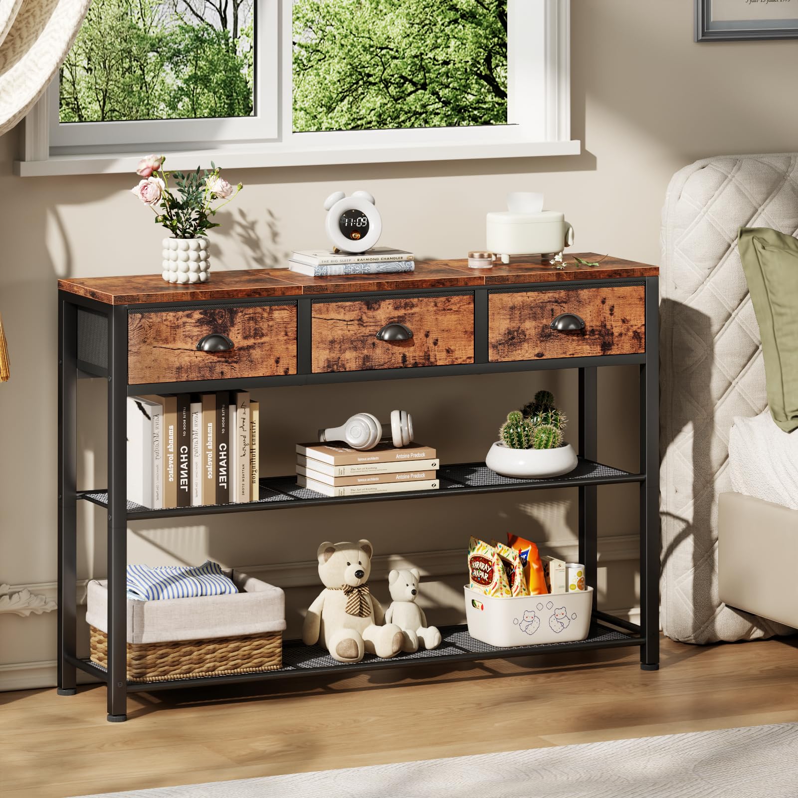 Furologee Entryway Table, 38'' Console Sofa Table with 3 Fabric Drawers, Industrial Entry Way Table with Storage Shelves, Display Shelf for Living Room, Hallway, Entrance, Foyer, Rustic Brown