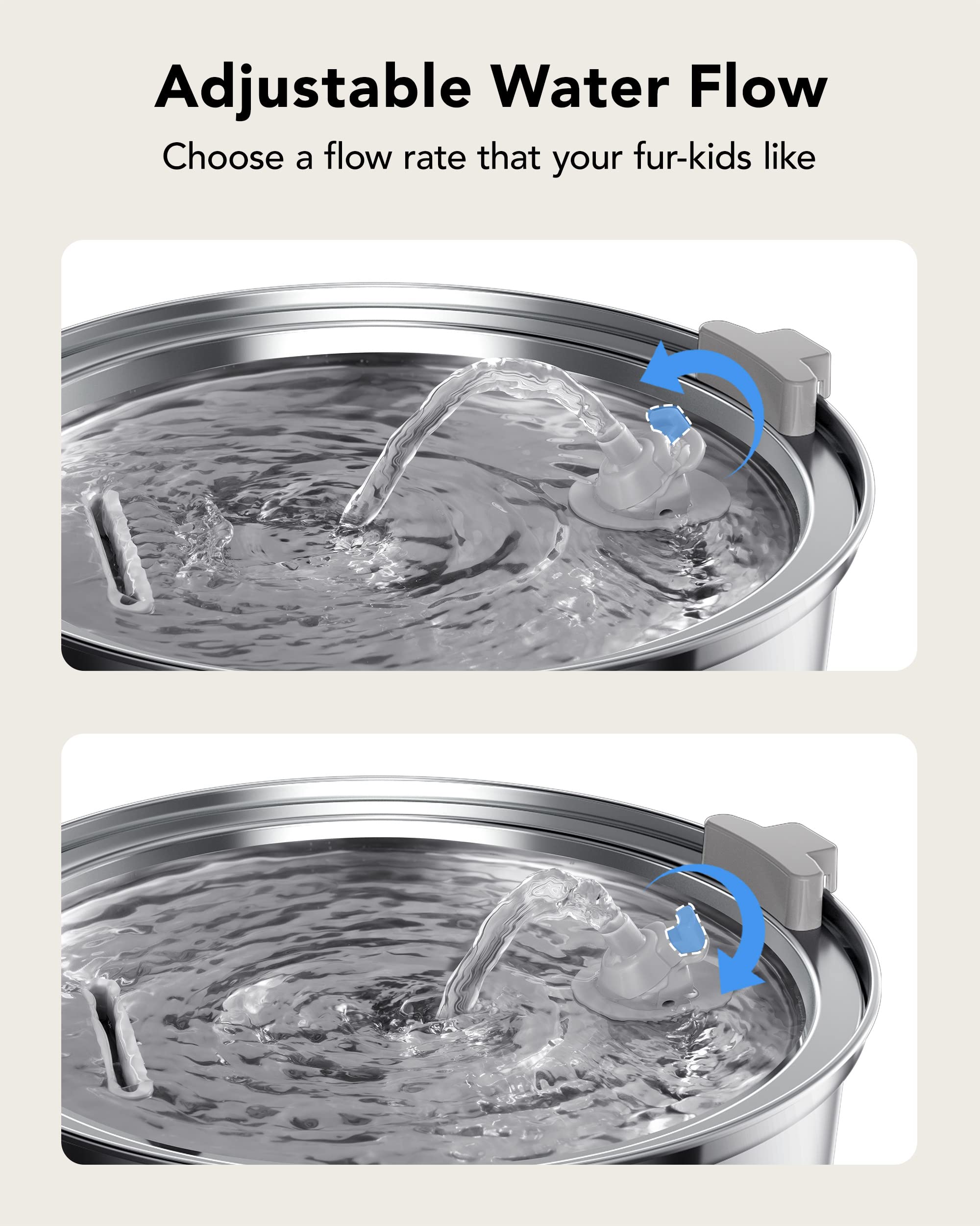 Cat Water Fountain Stainless Steel, HICC PULE 108oz/3.2L Automatic Pet Water Fountain, Dishwasher Safe Dog Water Dispenser with Adjustable Water Flow, Ultra-Quiet Pump, Multi-Filtration