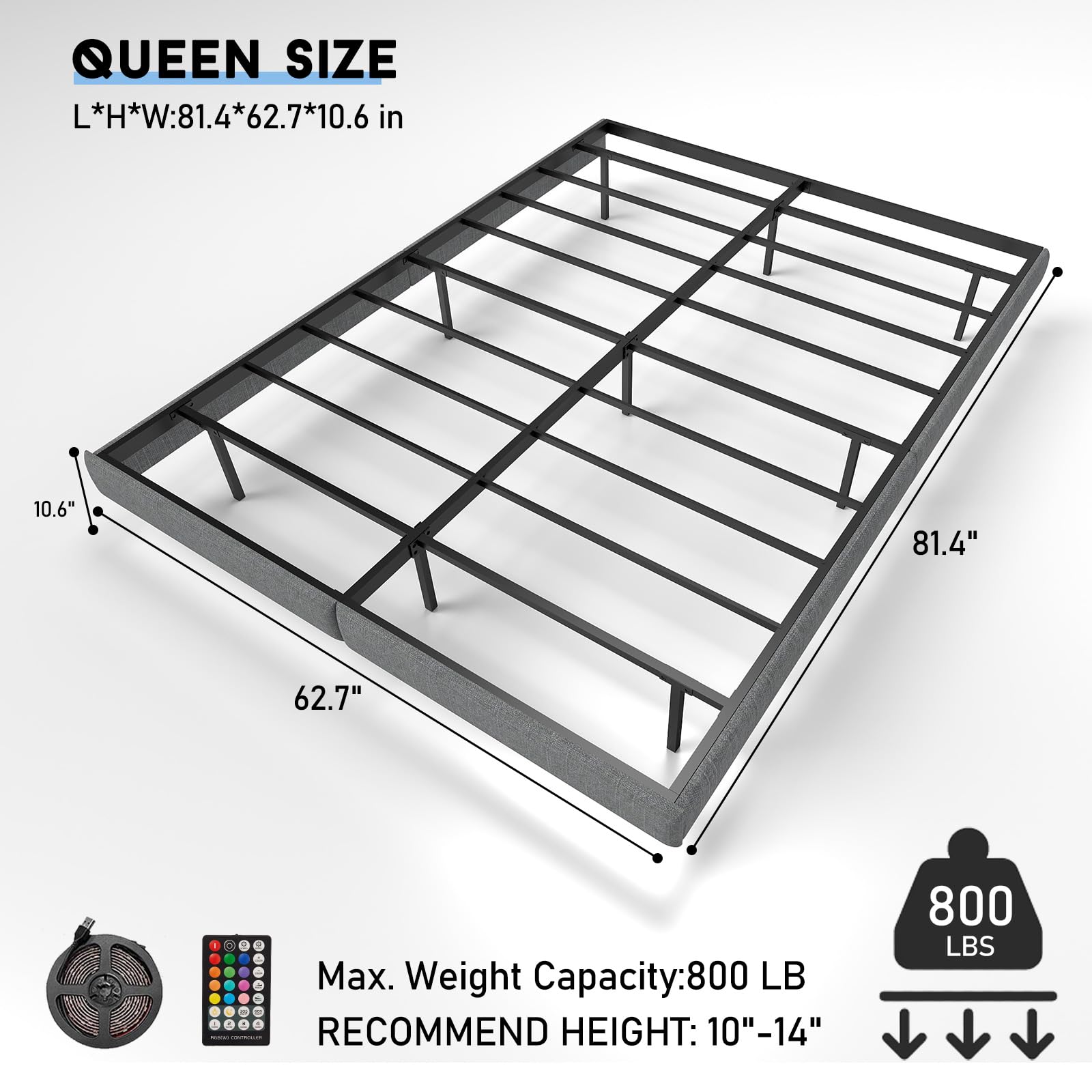 Anyhave 10.6" High Queen Floating Bed Frame Queen Size with LED Lights, Heavy Duty Metal Slats Support, No Box Spring Needed/Noise-Free/Large Under Bed Storage/Easy to Assemble