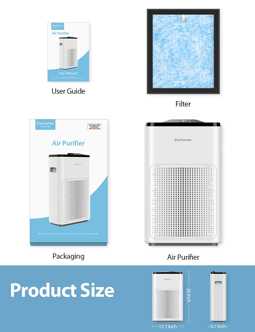 Air Purifier for Home, Elechomes KJ200-A3B True HEPA H13 Air Filter for Bedroom, Playroom, Office Up to 323ft², Ultra Quiet Air Cleaner with Sleep Mode, Captures 99.97% Pet Dander, Smoke, Pollen