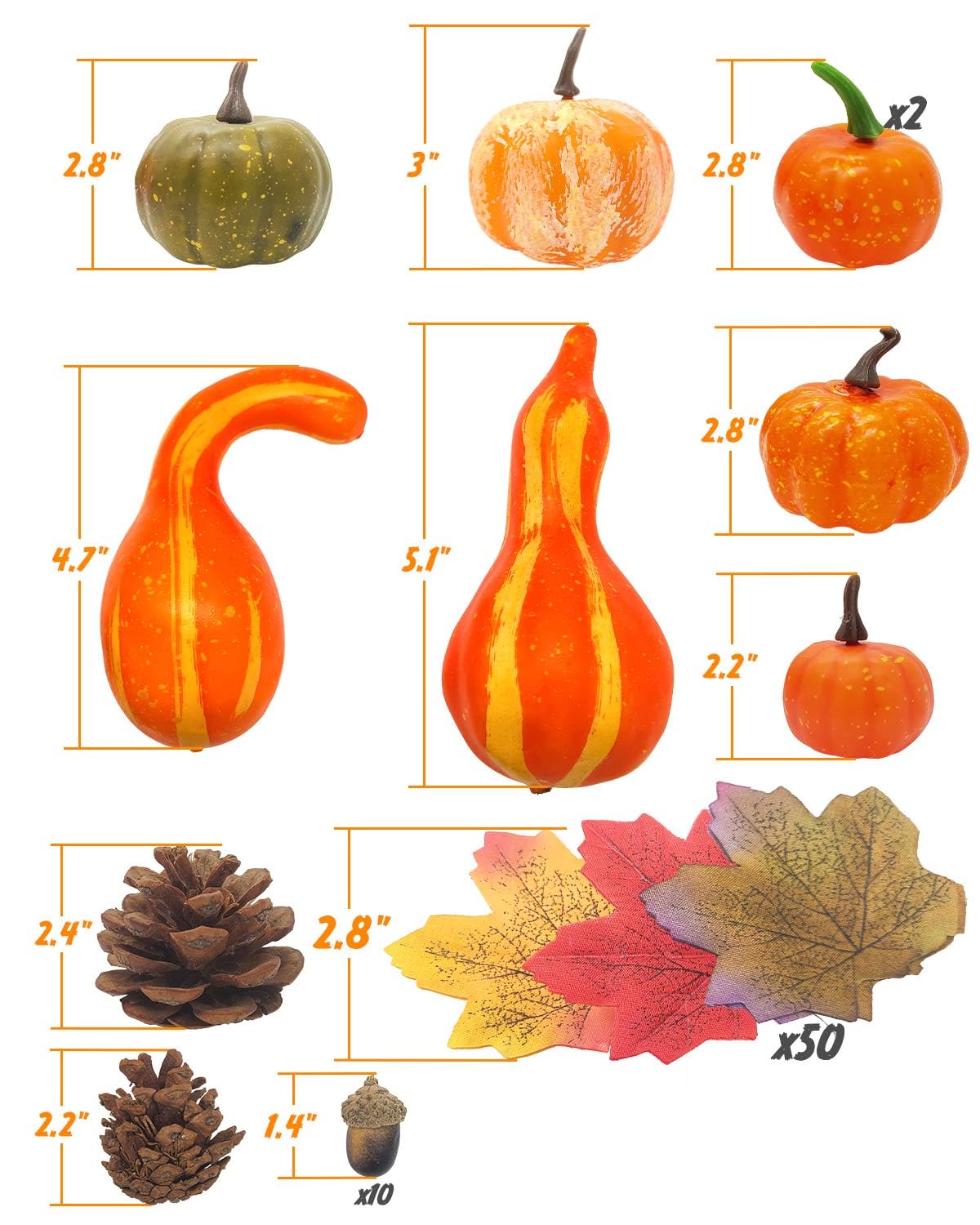 70PCS Fall Decor Artificial Pumpkins for Decorating, Foam Pumpkin Decor for Harvest Halloween Thanksgiving, Faux Pumpkin Decorations Set with 8 Fake Pumpkins+ 2 Pinecones+ 10 Pinecones+50 Fall Leaves