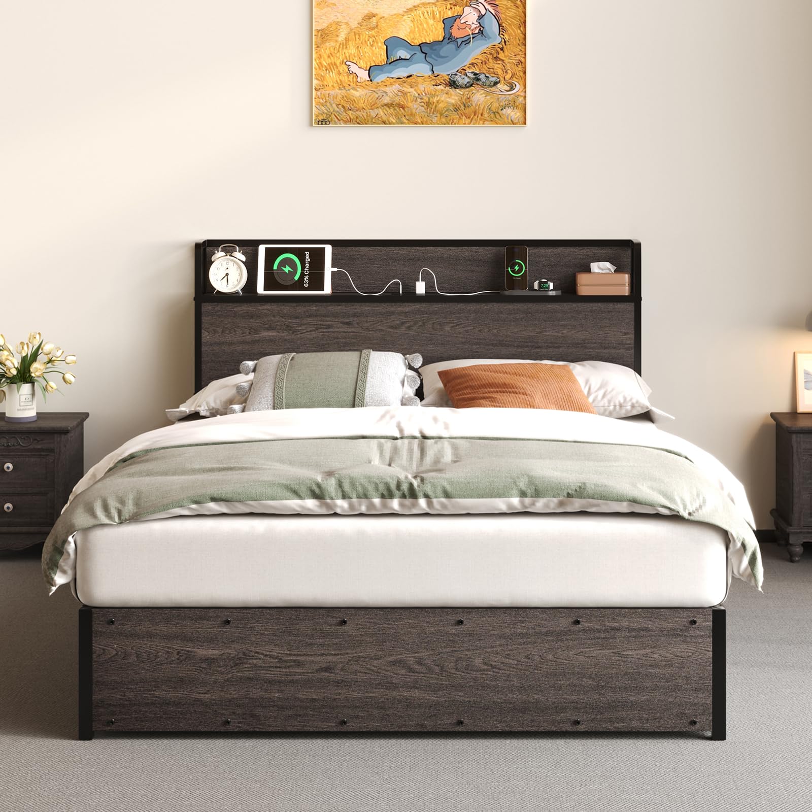 Albott Queen Size Lift up Storage Bed Frame, Wooden Platform Bed Frame with Storage Headboard & Charging Station, No Spring Box Needed/Noise Free, Black