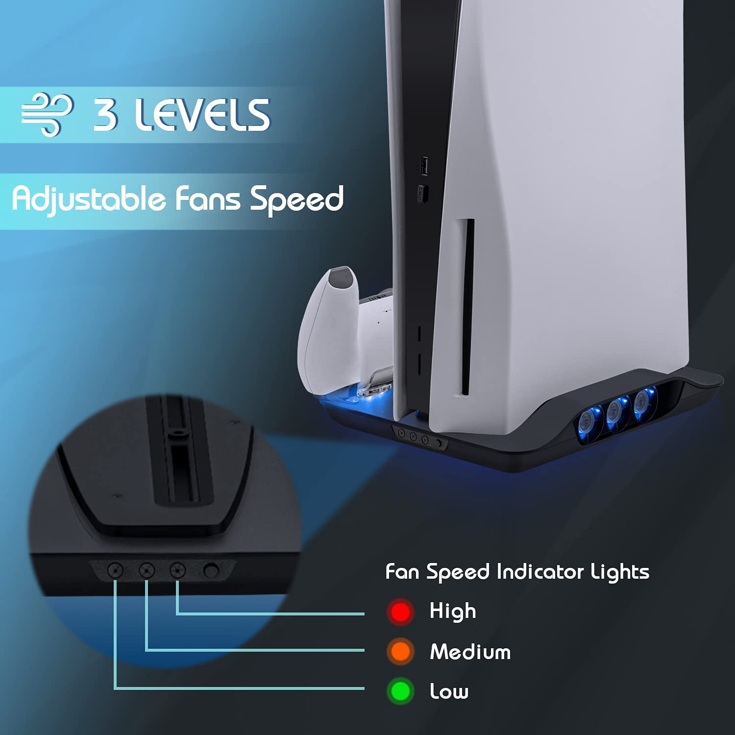 Wigearss Charging Cooling Stand for PS5 Charging Dock with 3 Speed Levels Cooling System for PS5 UHD and Digital Edition Consoles and Controllers - Black