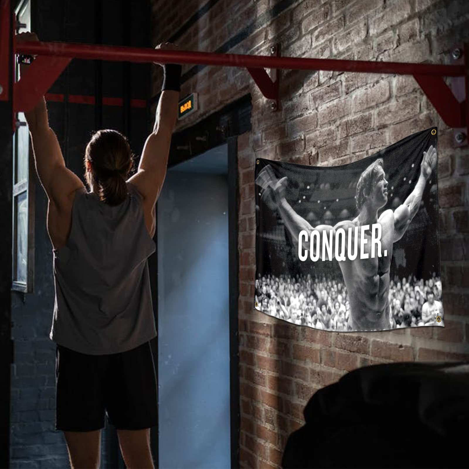 Arnold Schwarzenegger Conquer Motivational Inspirational Office Gym Wall Decor Flag Banner,3x5 Feet Flag Funny Poster Durable Man Cave Wall Flag with Brass Grommets This beautiful entertaining banner