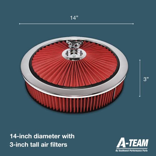 A-Team Performance - High Flow Replacement Air Cleaner Assembly w/Flow-Thru Lid Washable and Reusable Round Air Filter Element Kit with Star Wing Nut - Compatible with Chevrolet GMC Ford 14"x3" Red