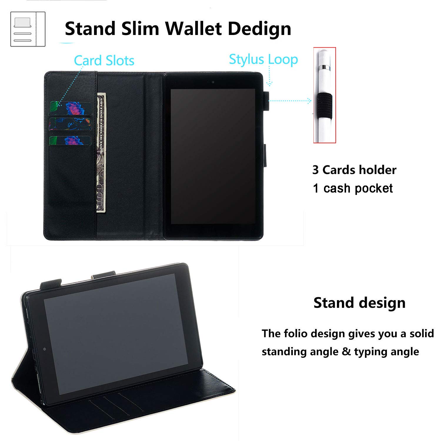 UUcovers Smart Cover for 8" Amazon Kindle Fire HD 8 Tablet 2018/2017/2016 Case 8th/7th/6th Generation with Pencil Holder, PU Leather Magnetic Folio Stand Card Wallet [Auto Wake/Sleep], Black Rose
