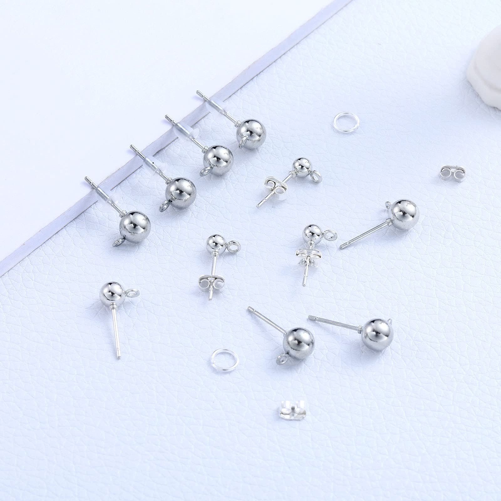 780 Pieces 3 Sizes Ball Post Earring Studs with Loop 4 mm 5 mm 6 mm Round Ball Earring Posts, Butterfly Earring Backs, Silicone Clear Earring Backs, Open Jump Rings for DIY Jewelry (Silver)