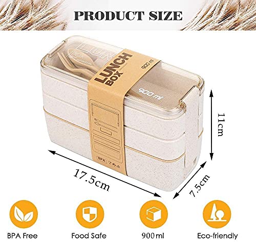 Bento Box for Adults, 3-In-1 Meal Prep Container, 900ML Japanese Lunch Box with Compartment, Wheat Straw, Leak-proof, Spoon & Fork, BPA-free (Beige)