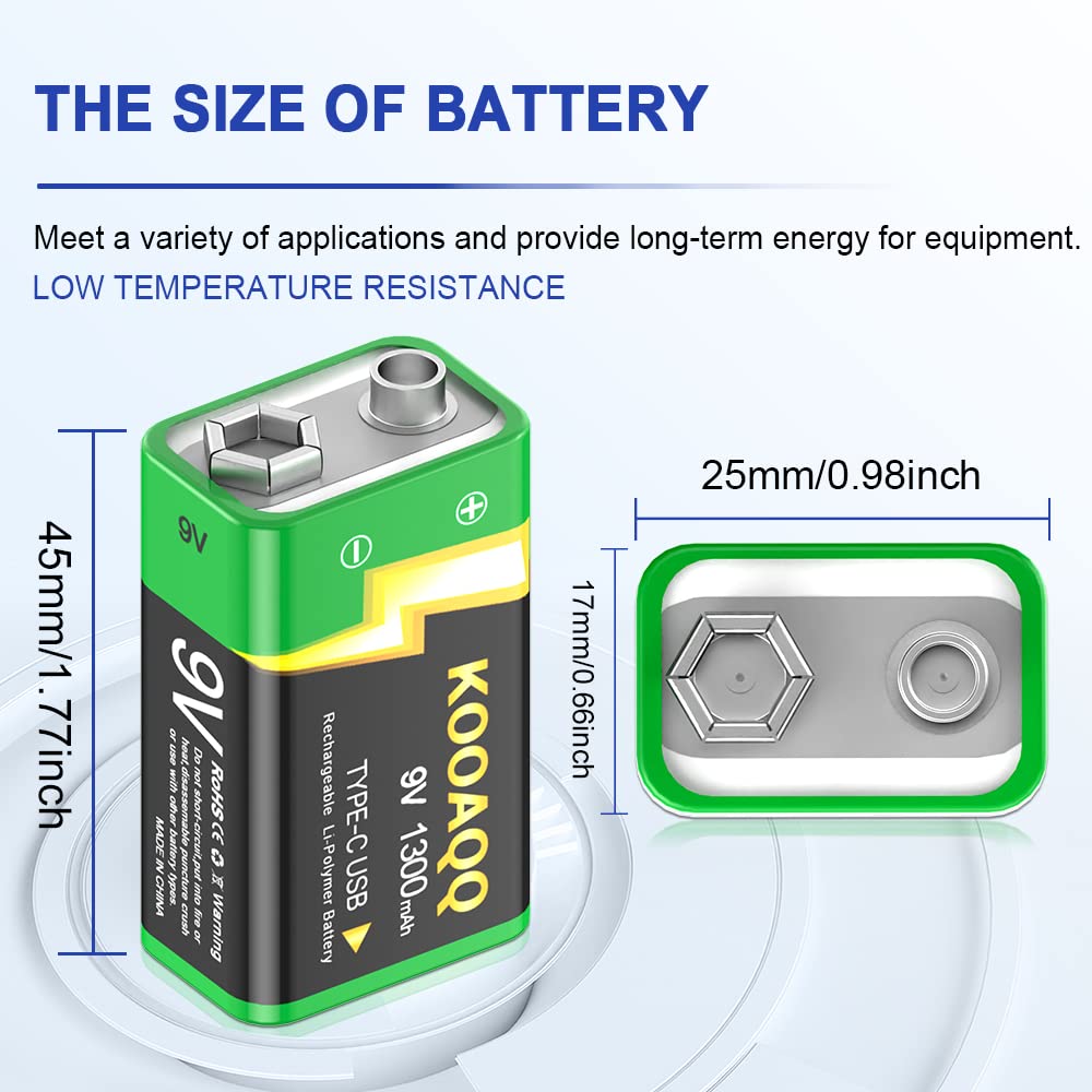 4-Pack Rechargeable 9V Batteries, High Capacity 1300mAh 9 Volt Lithium-ion Long Lasting Power, USB-C Recharge with 2 in 1 Charging Cable for Smoke Alarms,Multimeters,Toys,Microphones,Walkie-Talkie