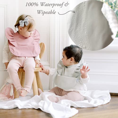 Bibtique Ruffle Smock Bibs For Babies 6-24 Months - Waterproof Food Catcher Bibs With Pocket - Mess Proof Baby Eating Bibs
