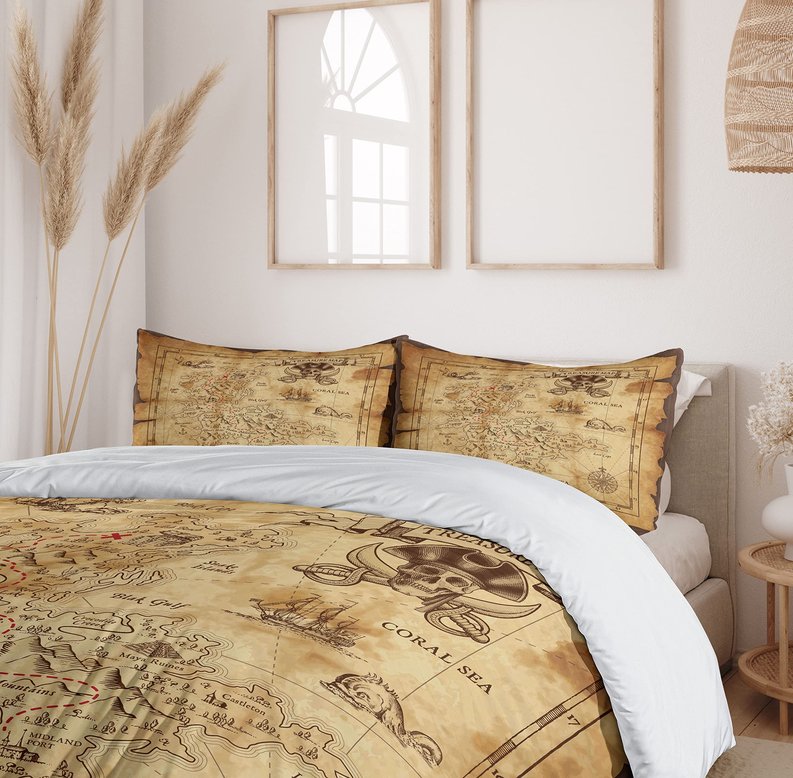 Ambesonne Island Map Duvet Cover Set, Super Detailed Treasure Map Grungy Rustic Pirates Gold Secret Sea History Theme, Decorative 3 Piece Bedding Set with 2 Pillow Shams, Queen Size, Beige Brown