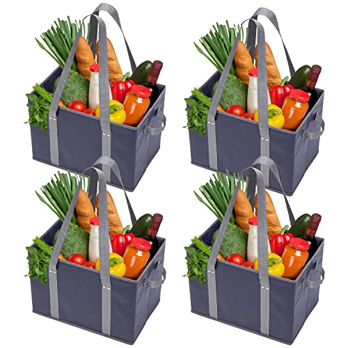 BAG-THAT! 4pk Reusable Grocery Bags Shopping Bags Tote Box Large Heavy Duty Groceries Bag Handles Foldable Reinforced Bottom (Navy Blue/Gray)