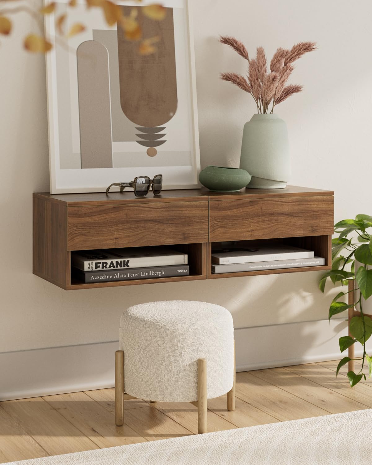 Aobafuir Floating Nightstand, Small Modern Floating Nightstand with Drawer, Floating Shelves for Bedroom, Bathroom (Brown Walnut)