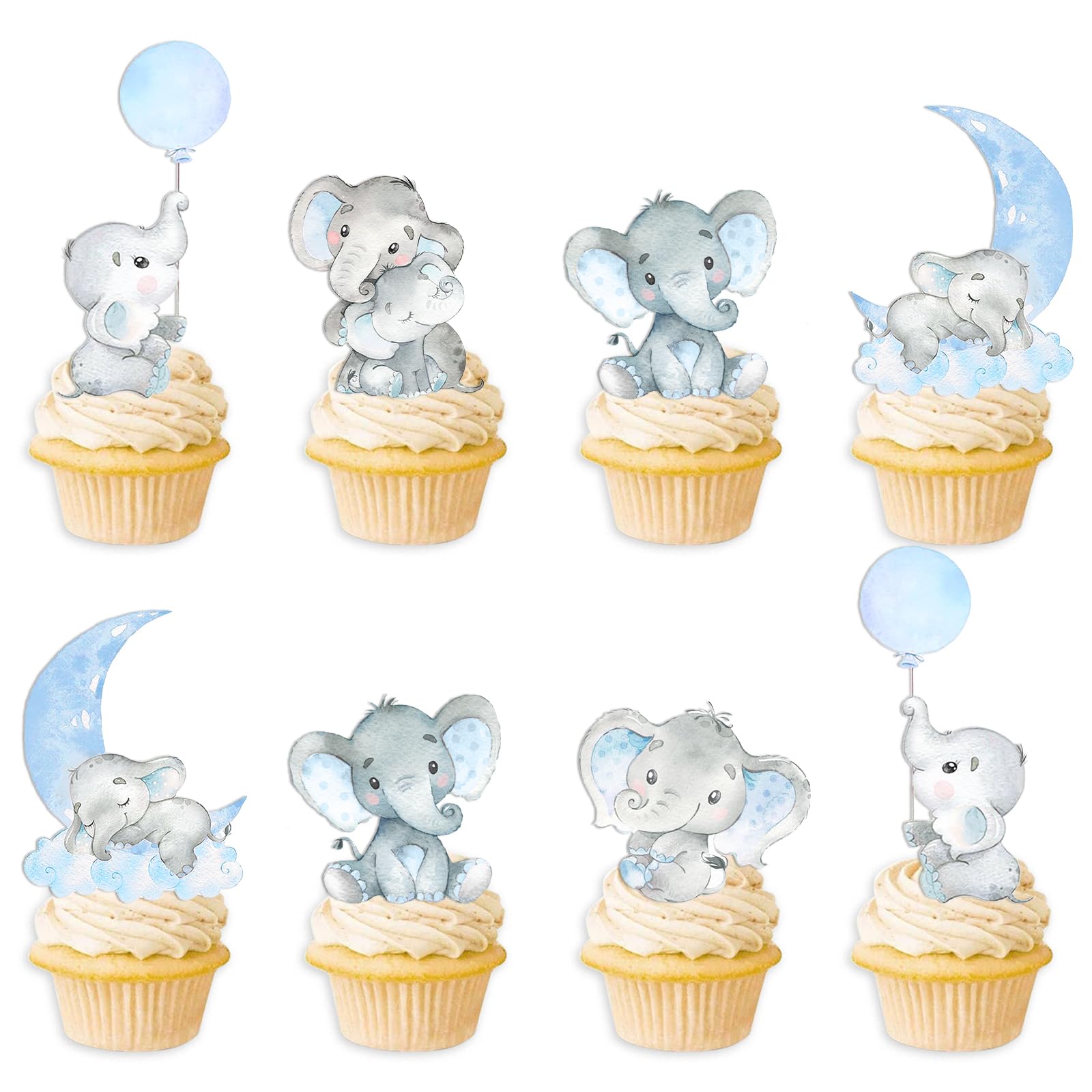 48 Pcs Blue Elephant Cupcake Toppers for Elephant Baby Shower Decorations Boy Cupcake Cake Decorations Baby Elephant Birthday Party Supplies