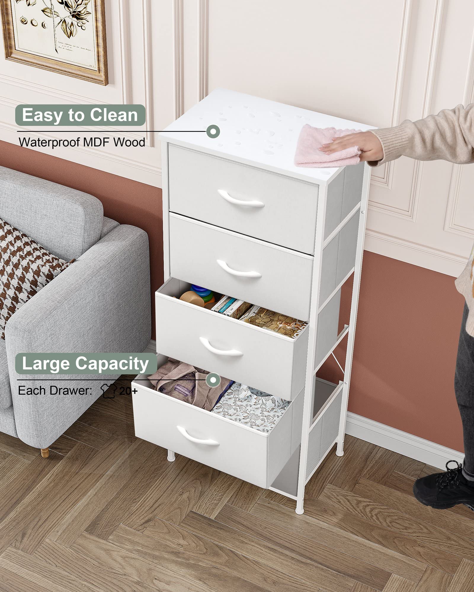 Crestlive Products Tall Dresser Vertical Storage Tower - Sturdy Steel Frame, Wood Top, Easy Pull Fabric Bins - Organizer Unit for Bedroom, Hallway, Entryway, Closets - 5 Drawers(White)