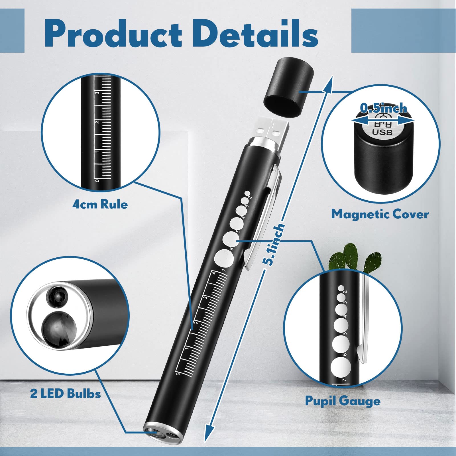 5 Pcs Pen Lights for Nurses LED Medical Penlights with Pupil Gauge and Ruler, USB Rechargeable Pen Light 2 Modes Warm White Light Nursing Student, Doctor Nurse Accessories for Work, Black