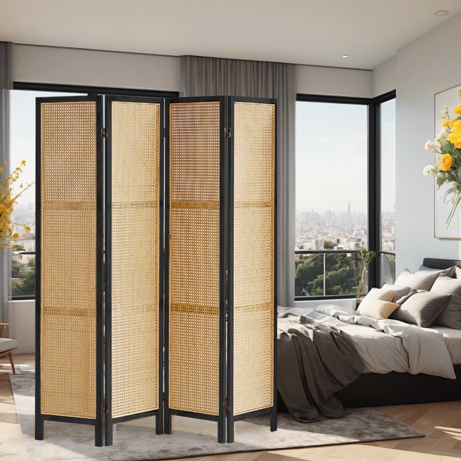 ALeesing 4 Panels Wood Room Divider and Folding Privacy Screens, Hand-Woven Rattan Room Dividers Panel, Room Divider Wall Freestanding, Room Partitions Screen for Home Office Bedroom, Black