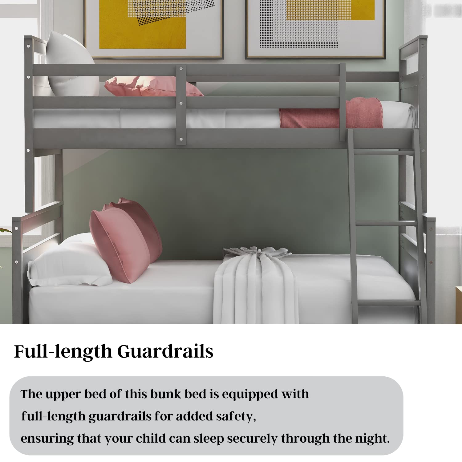 AOCOROE Twin Over Twin Loft Bunk Bed with Ladder, Wood Floor Bunk Bed with Full-Length Guardrails, Bunk Bed for Boys, Girls, Grey