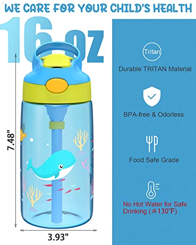 A+ Choice Kids Water Bottle with Straw & Handle - 16 oz BPA Free Kids Water Bottles, Spill Proof, Easy-Clean, Dishwasher Safe - Cute Whale Sky Blue